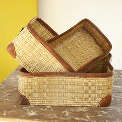 Leather Trimmed Storage Baskets, Handwoven Moroccan Home Storage ...